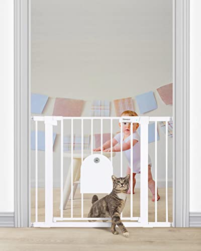 Newnice 40.6" -29.7" Auto Close Baby Gate with Small Cat Door, Easy Walk Thru & Durable Dog Pet Gates for Stairs, Doorway, House, Pressure Mounted Safety Child Gate Includes 4 Wall Cups