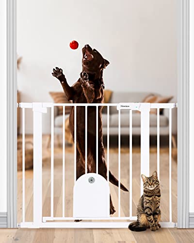 Newnice 40.6" -29.7" Auto Close Baby Gate with Small Cat Door, Easy Walk Thru & Durable Dog Pet Gates for Stairs, Doorway, House, Pressure Mounted Safety Child Gate Includes 4 Wall Cups