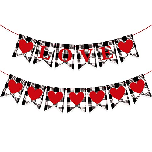 DUDOU Valentine's Day Love Banner Red Heart Buffalo Plaid Garlands Black White Hanging Bunting Sign Home Mantel Party Decorations