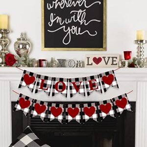 DUDOU Valentine's Day Love Banner Red Heart Buffalo Plaid Garlands Black White Hanging Bunting Sign Home Mantel Party Decorations