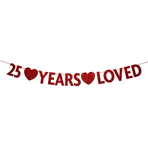 Red 25 Year Loved Banner, Red Glitter Happy 25th Birthday Party Decorations, Supplies