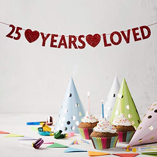 Red 25 Year Loved Banner, Red Glitter Happy 25th Birthday Party Decorations, Supplies