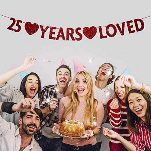 Red 25 Year Loved Banner, Red Glitter Happy 25th Birthday Party Decorations, Supplies