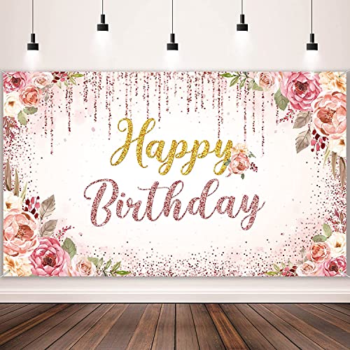 Rose Gold Happy Birthday Backdrop for Girls Women Happy Birthday Party Photography Background Decoration Photoshoot Banner (6.1 x 3.6ft)