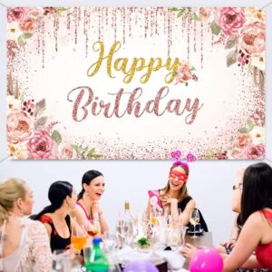 Rose Gold Happy Birthday Backdrop for Girls Women Happy Birthday Party Photography Background Decoration Photoshoot Banner (6.1 x 3.6ft)