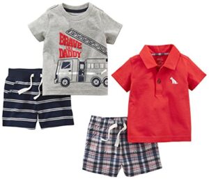 simple joys by carter’s baby boys’ 4-piece playwear set, red/blue, plaid/firetruck/stripe, 24 months