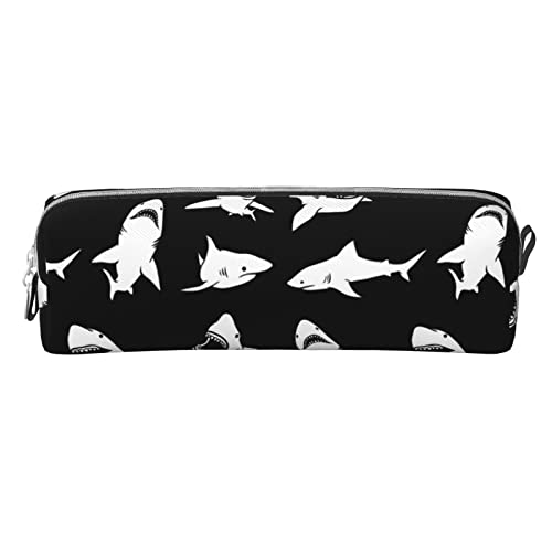 Ykklima Leather Pencil Case - Cute White Shark Fierce Black Pattern, Stationery Bag Pen Organizer Makeup Cosmetic Holder Pouch for School Work Office College