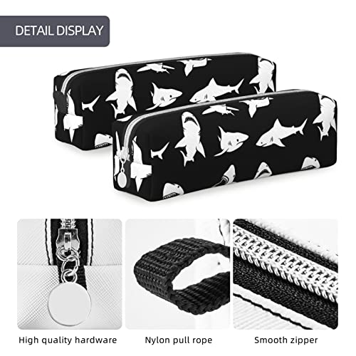 Ykklima Leather Pencil Case - Cute White Shark Fierce Black Pattern, Stationery Bag Pen Organizer Makeup Cosmetic Holder Pouch for School Work Office College