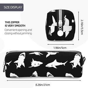 Ykklima Leather Pencil Case - Cute White Shark Fierce Black Pattern, Stationery Bag Pen Organizer Makeup Cosmetic Holder Pouch for School Work Office College