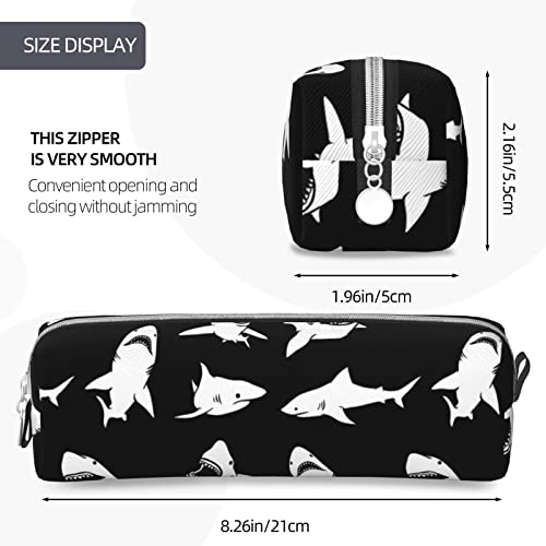 Ykklima Leather Pencil Case - Cute White Shark Fierce Black Pattern, Stationery Bag Pen Organizer Makeup Cosmetic Holder Pouch for School Work Office College