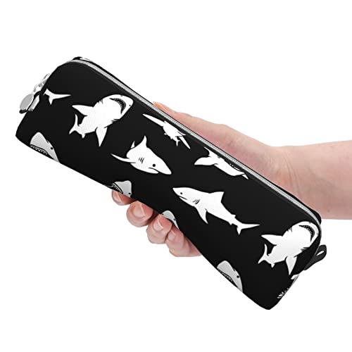 Ykklima Leather Pencil Case - Cute White Shark Fierce Black Pattern, Stationery Bag Pen Organizer Makeup Cosmetic Holder Pouch for School Work Office College