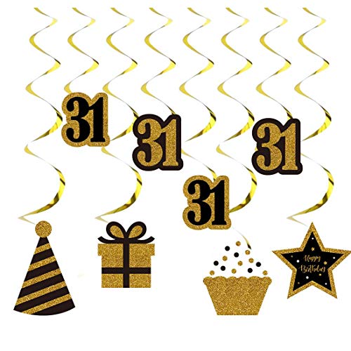 31st Gold Birthday Hanging Swirls, 20pcs Gold and Black 31 Years Party Decorations