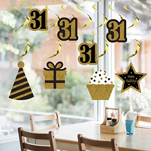 31st Gold Birthday Hanging Swirls, 20pcs Gold and Black 31 Years Party Decorations