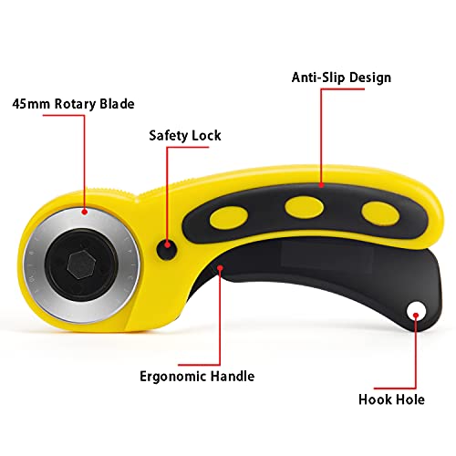 WORKLION 45mm Rotary Cutter Set: Ergonomic Rotary Cutter with Safety Lock and 2 Replacement Rotary Cutter Blades for Sewing Quilting Scrapbooking and Arts & Crafts Projects