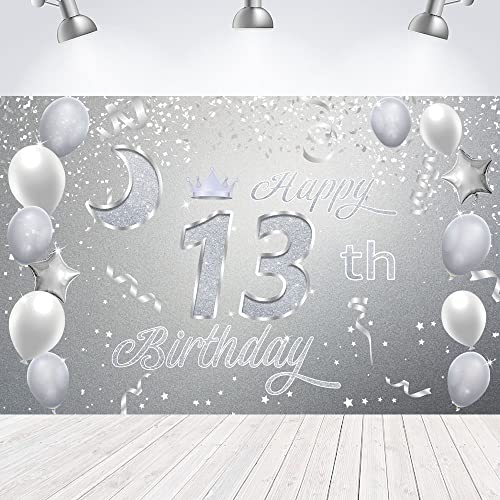 Sweet Happy 13th Birthday Backdrop Banner Poster 13 Birthday Party Decorations 13th Birthday Party Supplies 13th Photo Background for Girls,Boys,Women,Men - Silver 72.8 x 43.3 Inch