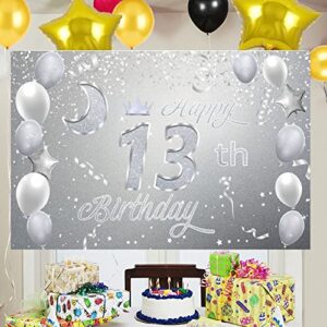 Sweet Happy 13th Birthday Backdrop Banner Poster 13 Birthday Party Decorations 13th Birthday Party Supplies 13th Photo Background for Girls,Boys,Women,Men - Silver 72.8 x 43.3 Inch