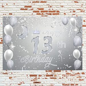 Sweet Happy 13th Birthday Backdrop Banner Poster 13 Birthday Party Decorations 13th Birthday Party Supplies 13th Photo Background for Girls,Boys,Women,Men - Silver 72.8 x 43.3 Inch