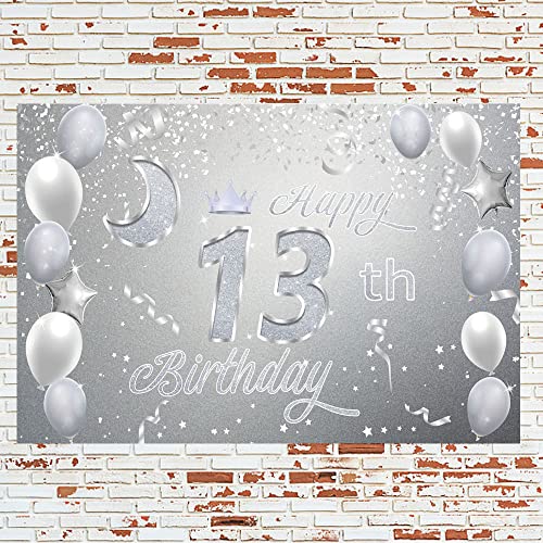 Sweet Happy 13th Birthday Backdrop Banner Poster 13 Birthday Party Decorations 13th Birthday Party Supplies 13th Photo Background for Girls,Boys,Women,Men - Silver 72.8 x 43.3 Inch