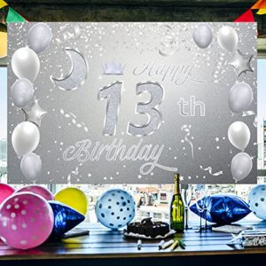 Sweet Happy 13th Birthday Backdrop Banner Poster 13 Birthday Party Decorations 13th Birthday Party Supplies 13th Photo Background for Girls,Boys,Women,Men - Silver 72.8 x 43.3 Inch