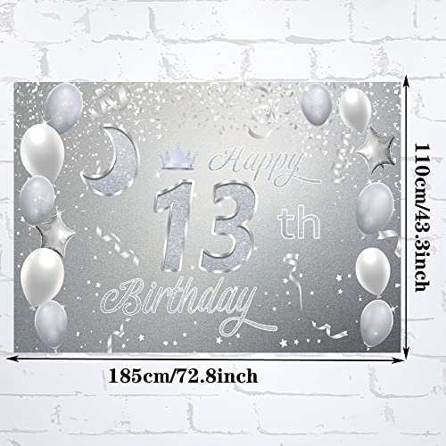 Sweet Happy 13th Birthday Backdrop Banner Poster 13 Birthday Party Decorations 13th Birthday Party Supplies 13th Photo Background for Girls,Boys,Women,Men - Silver 72.8 x 43.3 Inch