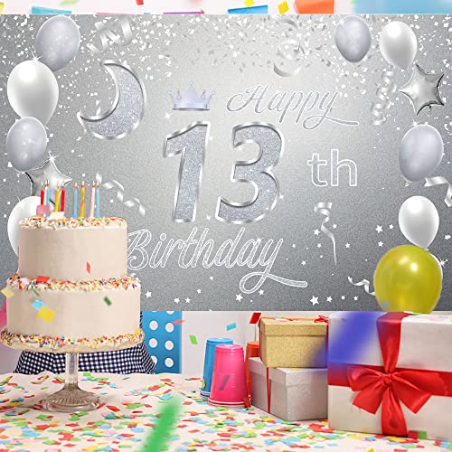 Sweet Happy 13th Birthday Backdrop Banner Poster 13 Birthday Party Decorations 13th Birthday Party Supplies 13th Photo Background for Girls,Boys,Women,Men - Silver 72.8 x 43.3 Inch