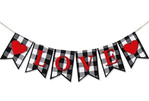 whaline valentine’s day love banner buffalo plaid love heart burlap banner pre-assembled plaid love bunting garland sign for valentine’s day anniversary wedding party supplies home decoration