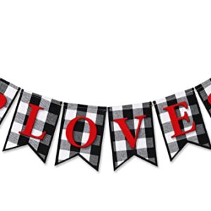 Whaline Valentine's Day Love Banner Buffalo Plaid Love Heart Burlap Banner Pre-Assembled Plaid Love Bunting Garland Sign for Valentine's Day Anniversary Wedding Party Supplies Home Decoration