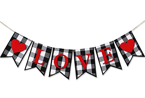 Whaline Valentine's Day Love Banner Buffalo Plaid Love Heart Burlap Banner Pre-Assembled Plaid Love Bunting Garland Sign for Valentine's Day Anniversary Wedding Party Supplies Home Decoration