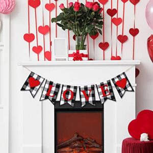 Whaline Valentine's Day Love Banner Buffalo Plaid Love Heart Burlap Banner Pre-Assembled Plaid Love Bunting Garland Sign for Valentine's Day Anniversary Wedding Party Supplies Home Decoration