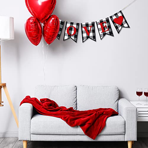 Whaline Valentine's Day Love Banner Buffalo Plaid Love Heart Burlap Banner Pre-Assembled Plaid Love Bunting Garland Sign for Valentine's Day Anniversary Wedding Party Supplies Home Decoration