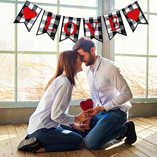 Whaline Valentine's Day Love Banner Buffalo Plaid Love Heart Burlap Banner Pre-Assembled Plaid Love Bunting Garland Sign for Valentine's Day Anniversary Wedding Party Supplies Home Decoration