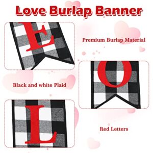 Whaline Valentine's Day Love Banner Buffalo Plaid Love Heart Burlap Banner Pre-Assembled Plaid Love Bunting Garland Sign for Valentine's Day Anniversary Wedding Party Supplies Home Decoration