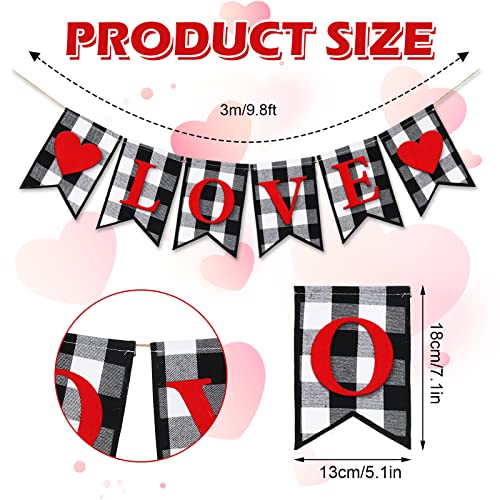 Whaline Valentine's Day Love Banner Buffalo Plaid Love Heart Burlap Banner Pre-Assembled Plaid Love Bunting Garland Sign for Valentine's Day Anniversary Wedding Party Supplies Home Decoration