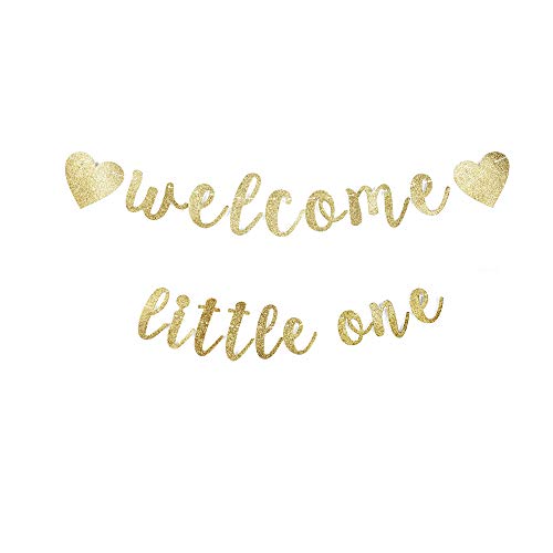 Welcome Little One Banner, Baby Shower/Baby's 1st Birthday Party Backdrops Decorations Gold Gliter Paper Sign