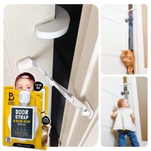 door buddy child proof door lock & cat door stopper. adjustable door strap latch to baby proof door & keep toddler out of cat food & litter box. easy pet & baby gate with cat door interior alternative