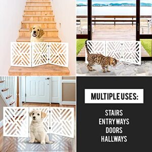 Bundaloo Freestanding Dog Gate Expandable Decorative Wooden Fence for Small to Medium Pet Dogs, Barrier for Stairs, Doorways, & Hallways (Lattice - White)