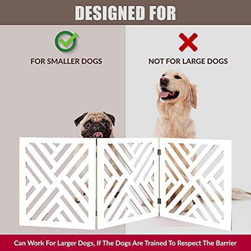 Bundaloo Freestanding Dog Gate Expandable Decorative Wooden Fence for Small to Medium Pet Dogs, Barrier for Stairs, Doorways, & Hallways (Lattice - White)