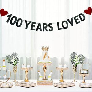 100 YEARS LOVED Banner，Pre-strung，100th Birthday / Wedding Anniversary Party Decorations Supplies，Black Glitter Paper Garlands Backdrops, Letters Black Betteryanzi