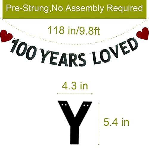 100 YEARS LOVED Banner，Pre-strung，100th Birthday / Wedding Anniversary Party Decorations Supplies，Black Glitter Paper Garlands Backdrops, Letters Black Betteryanzi