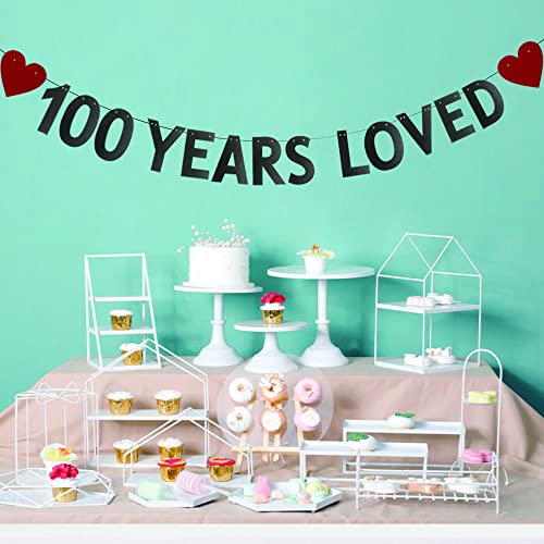 100 YEARS LOVED Banner，Pre-strung，100th Birthday / Wedding Anniversary Party Decorations Supplies，Black Glitter Paper Garlands Backdrops, Letters Black Betteryanzi