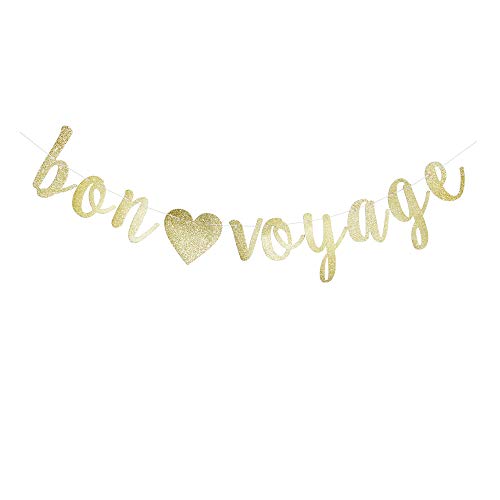 Bon Voyage Banner, Gold Glitter Sign Garlands for Travel Theme Party, Moving/Graduation/Retirement Party Supplies Decorations