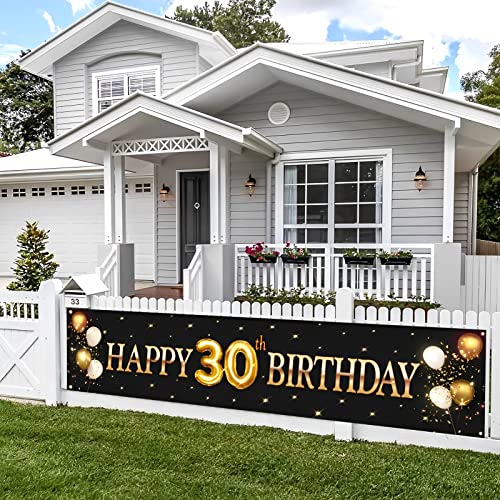 Kimini-Ki Happy 30th Birthday Banner, Lager 30th Birthday Banner Backdrops, Dirty 30 Banner, 30th Years Old Decor, 30th Birthday Party Decorations for Men or Women - Black and Gold (30th)