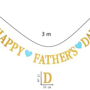 Happy Father's Day Glitter Gold Banner Blue Heart Bunting Banner for Dad Father's Party Decorations Backdrop Garland for Father's Day(blue heart)