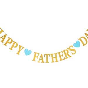 Happy Father's Day Glitter Gold Banner Blue Heart Bunting Banner for Dad Father's Party Decorations Backdrop Garland for Father's Day(blue heart)