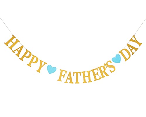 Happy Father's Day Glitter Gold Banner Blue Heart Bunting Banner for Dad Father's Party Decorations Backdrop Garland for Father's Day(blue heart)