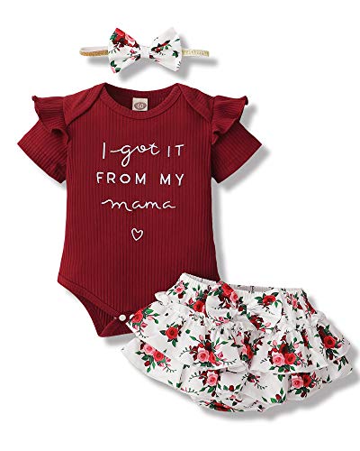 Mioglrie Newborn Baby Girl Clothes Romper Shorts Set Ruffle Infant Girl Clothes Knitted Baby Girls' Clothing Daddys Little Girl Baby Clothes Maroon Baby Clothes Girl 0-3 Months