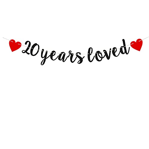 20 Years Loved Banner For Wedding Anniversary Birthday Party Decorations Pre-Strung Black Glitter Paper Banner Black yujiaonly