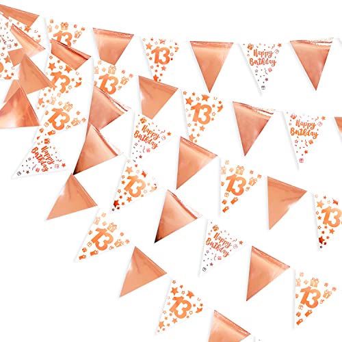 40Ft Rose Gold 13th Birthday Decorations Happy 13th Birthday Banner Bunting Triangle Flag Pennant Garland for Teen Girls 13 Year Old Happy Birthday Decor Thirteen Official Teenager Party Supplies