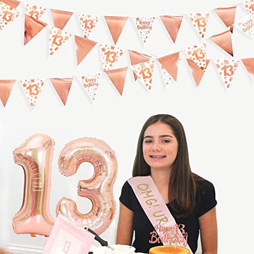 40Ft Rose Gold 13th Birthday Decorations Happy 13th Birthday Banner Bunting Triangle Flag Pennant Garland for Teen Girls 13 Year Old Happy Birthday Decor Thirteen Official Teenager Party Supplies