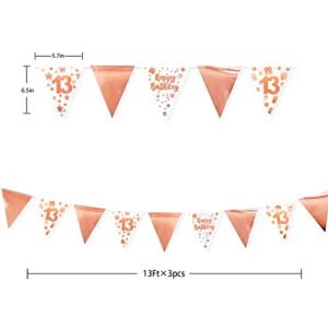 40Ft Rose Gold 13th Birthday Decorations Happy 13th Birthday Banner Bunting Triangle Flag Pennant Garland for Teen Girls 13 Year Old Happy Birthday Decor Thirteen Official Teenager Party Supplies